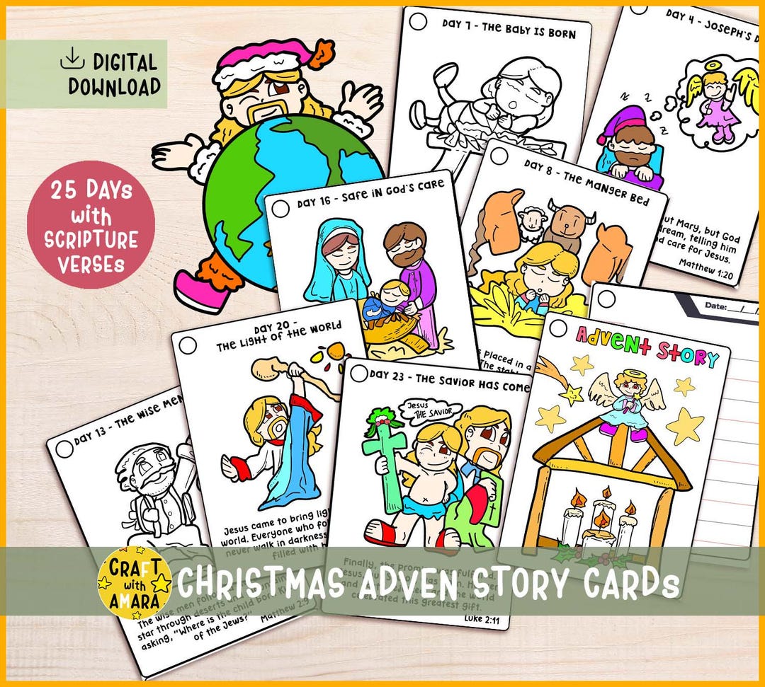 Christmas Advent Nativity Story Calendar Cards for Kids, Bible Verse ...