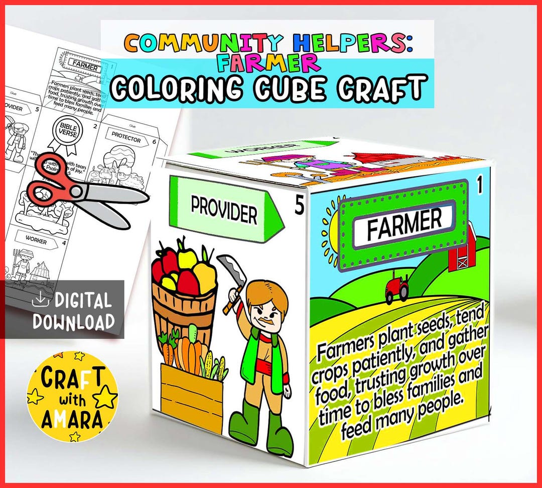 COMMUNITY HELPERS: Farmer Coloring Cube Bible Craft, Love Your Neighbor ...