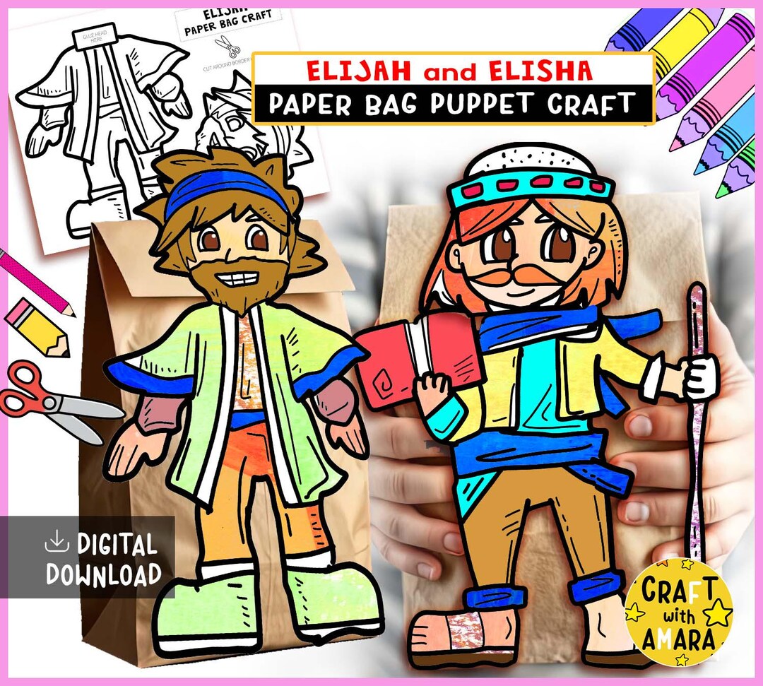 Elijah and Elisha Paper Bag Puppet Craft: Bible Lesson Story Activity ...