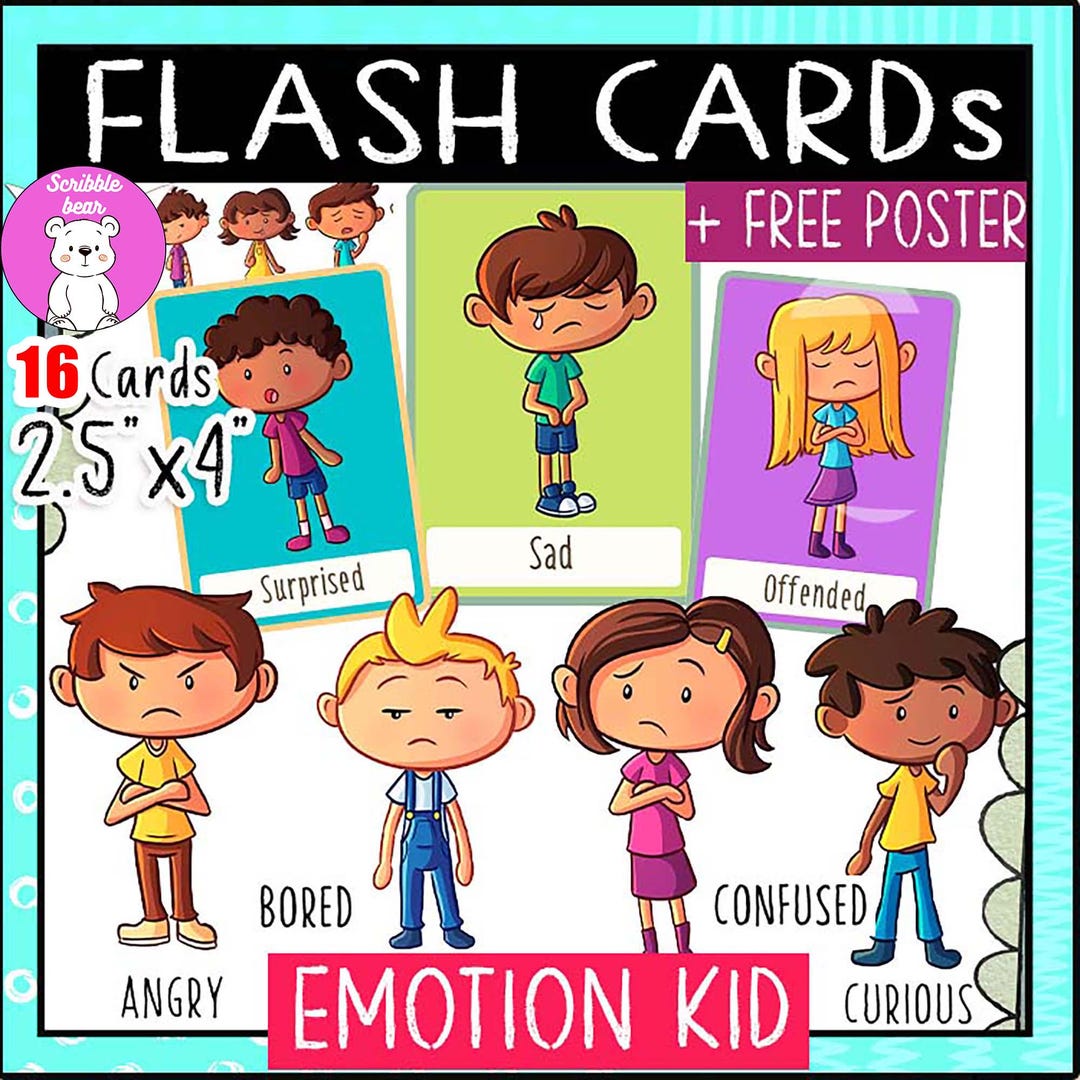 16 Emotion Kid Flash Cards, Toddler Flashcards, Feeling Flash Cards ...
