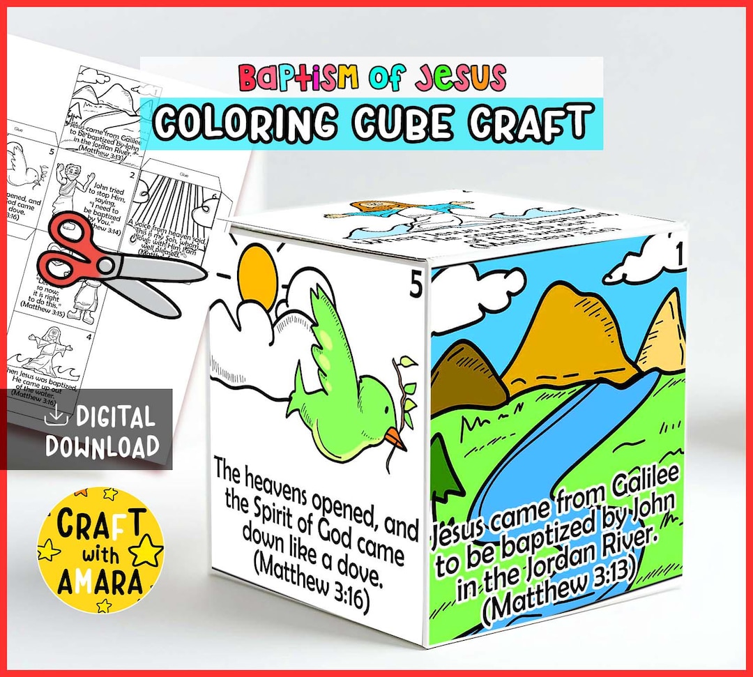 Baptism of Jesus Coloring Cube Craft, Memory Games, Bible Craft for ...