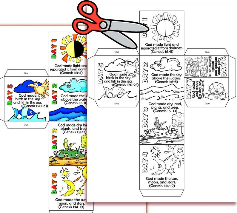 Days of Creation Coloring Cube Craft, Memory Games, Bible Craft for ...