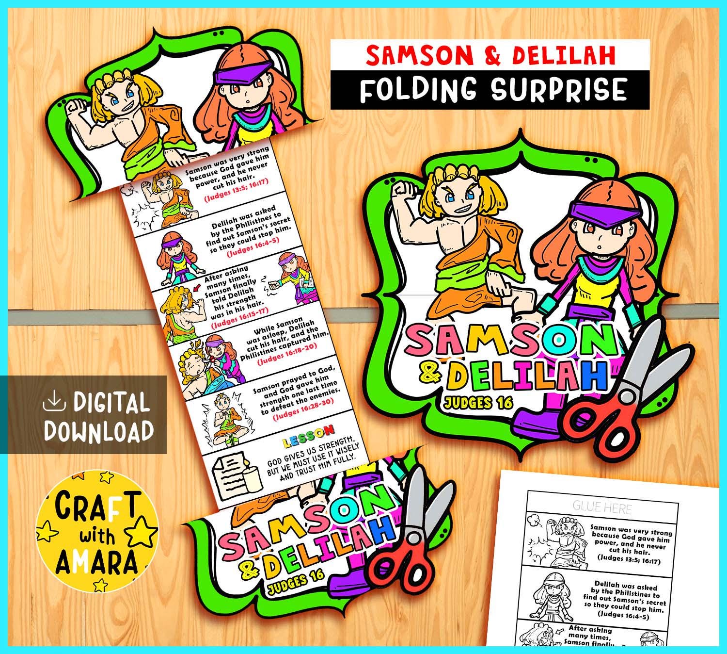 Samson and Delilah Folding Surprise Bible Craft: Bible Study Lesson ...