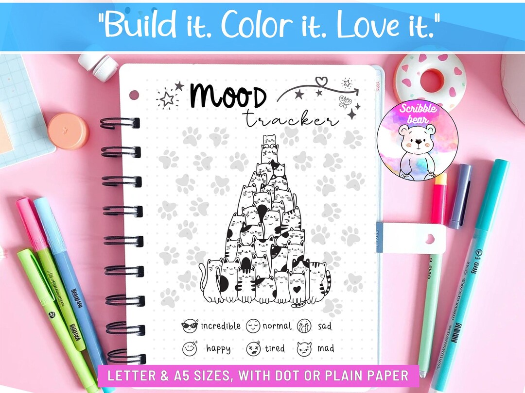 Cute Cat Mood Tracker Printable Journal Kit Planner Page With Feelings ...