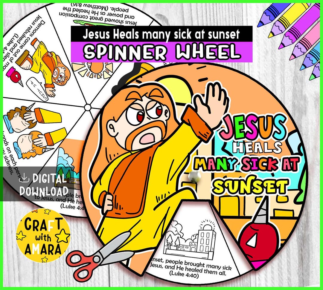 Jesus Heals Many Sick at Sunset Spinner Coloring Wheel Bible Craft ...