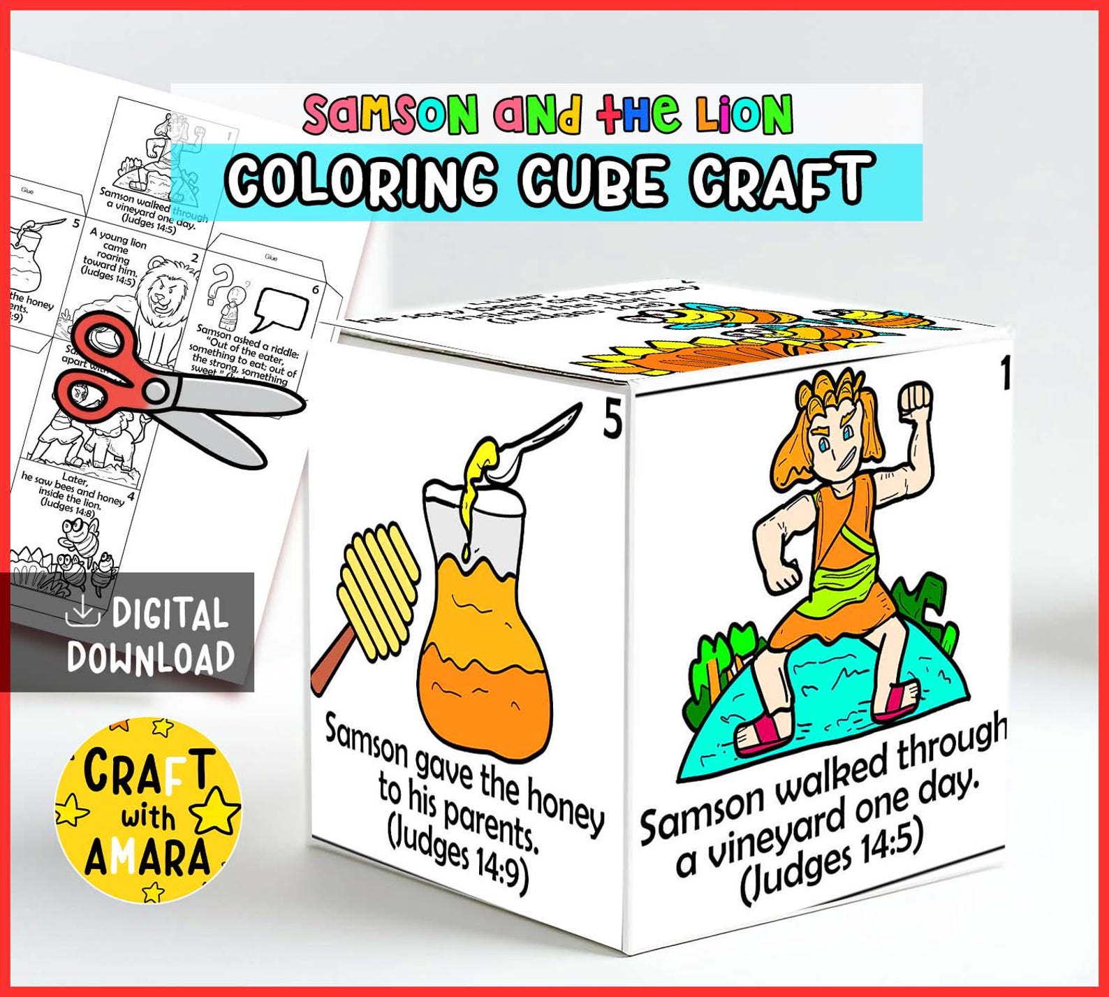 Samson and the Lion Coloring Cube Craft: Memory Games, Bible Study ...