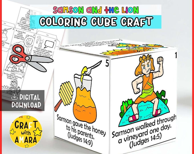 Samson and the Lion Coloring Cube Craft: Memory Games, Bible Study ...