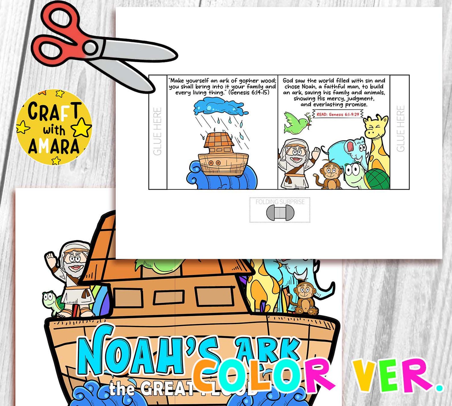 Noah's Ark - the Great Flood Easy Coloring Folding Surprise Bible Craft ...