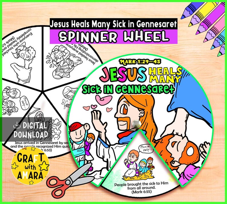 Jesus Heals Many Sick in Gennesaret Spinner Coloring Wheel Bible Craft ...