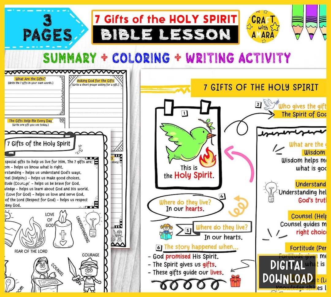 7 Gifts of the Holy Spirit Bible Lesson: Kid's Activity Worksheet Guide ...