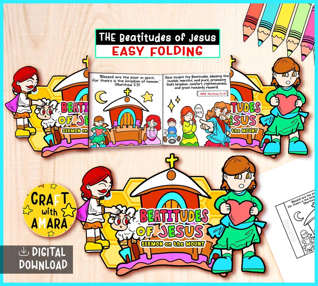 The Beatitudes of Jesus (sermon on the Mount) Easy Coloring Folding ...
