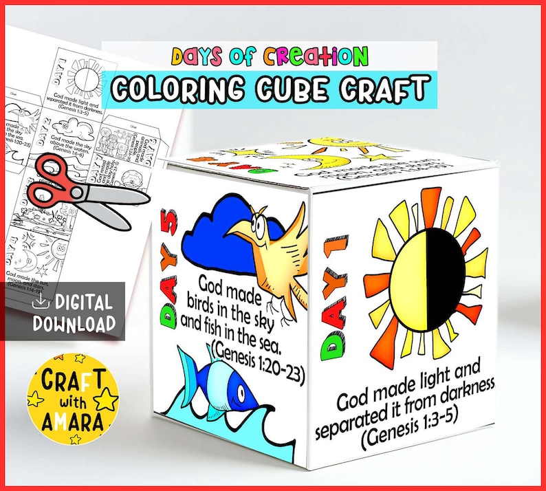 Days of Creation Coloring Cube Craft, Memory Games, Bible Craft for ...