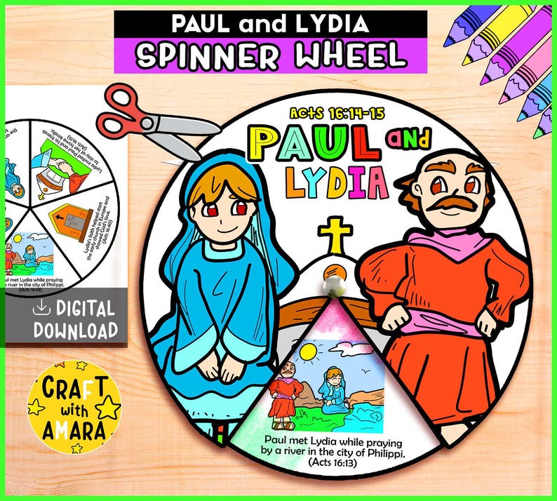 Paul and Lydia Spinner Coloring Wheel Craft, Bible Activity, Kids Bible ...