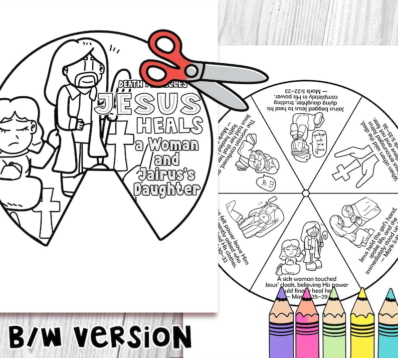 Jesus Heals a Woman and Jairus's Daughter Spinner Coloring Wheel Bible ...