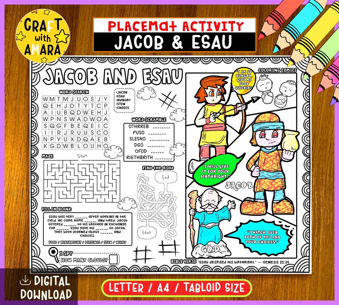 Jacob and Esau Activity Placemat: Bible Story for Sunday School ...
