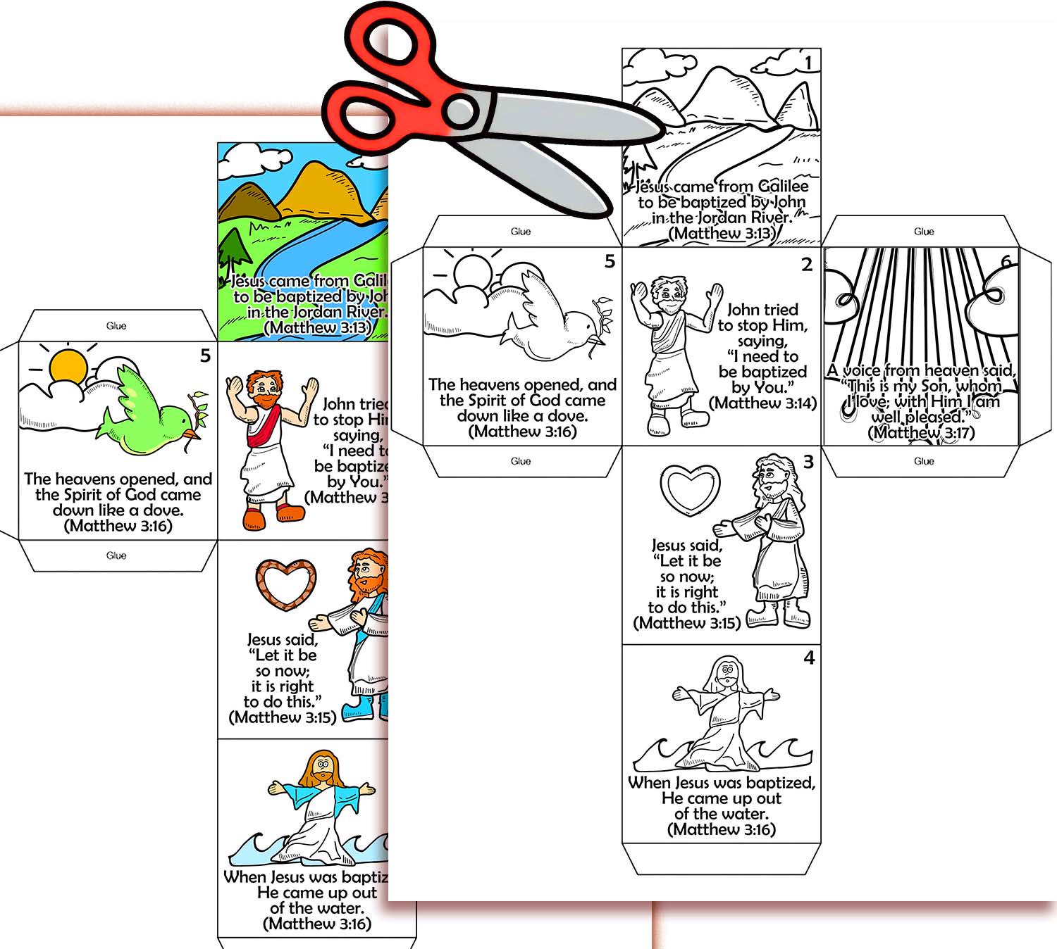 Baptism of Jesus Coloring Cube Craft, Memory Games, Bible Craft for ...