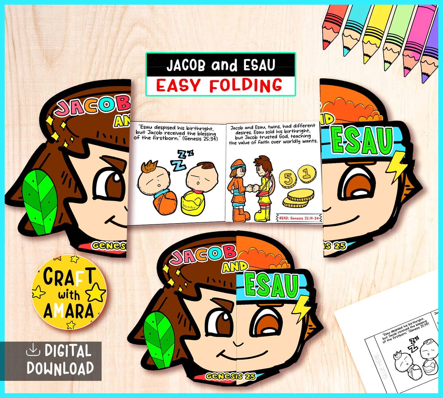 Jacob and Esau Easy Coloring Folding Surprise Bible Craft: Bible Lesson ...
