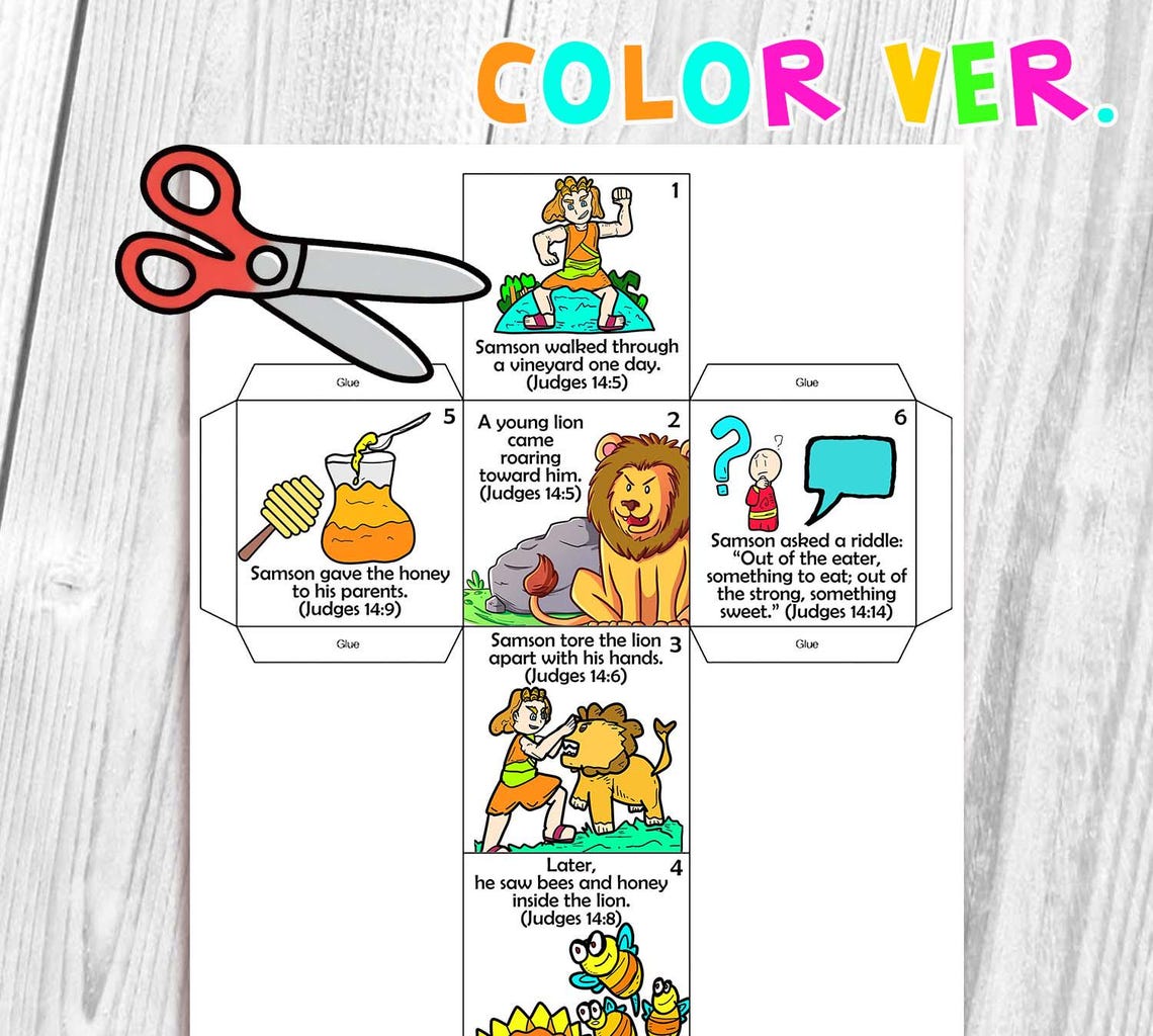 Samson and the Lion Coloring Cube Craft: Memory Games, Bible Study ...