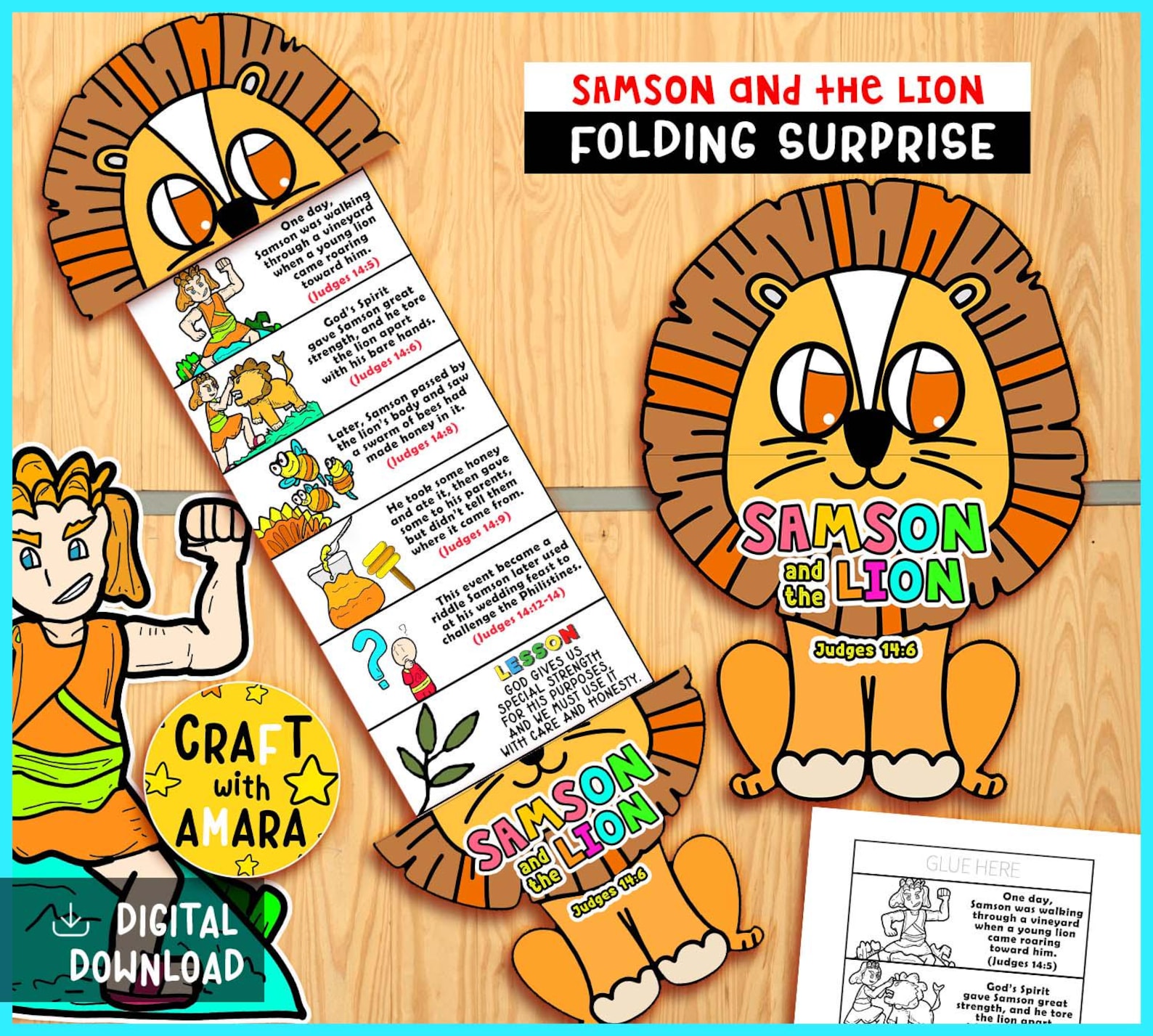 Samson and the Lion Folding Surprise Bible Craft: Bible Study Lesson ...