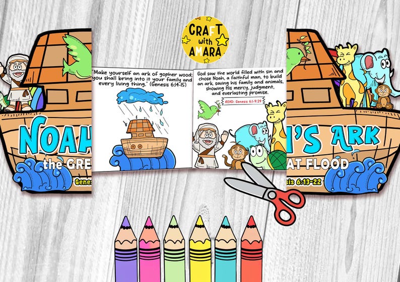 Noah's Ark - the Great Flood Easy Coloring Folding Surprise Bible Craft ...
