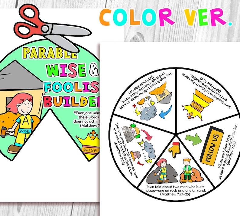 Parable of the Wise and Foolish Builders Spinner Coloring Wheel Bible ...