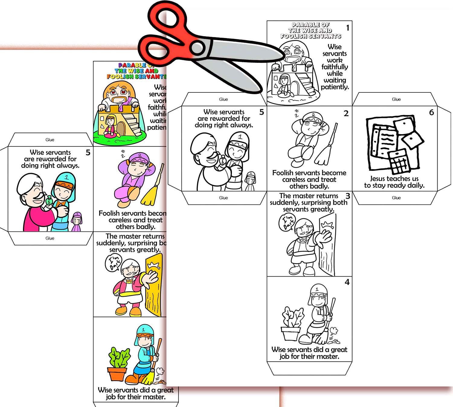 Parable of the Wise and Foolish Servants Coloring Cube Bible Craft ...
