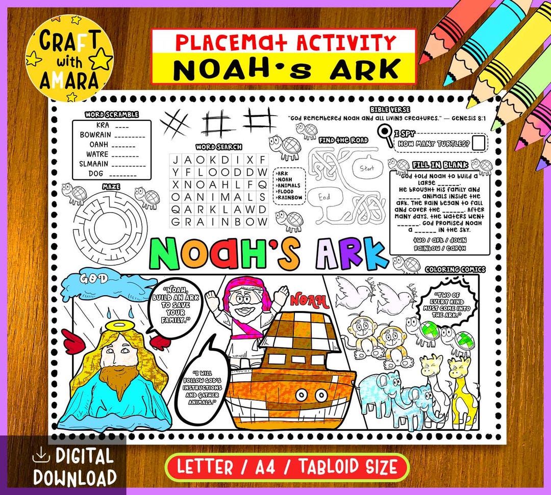 The Great Flood - Noah's Ark Activity Placemat: Bible Story for Sunday ...