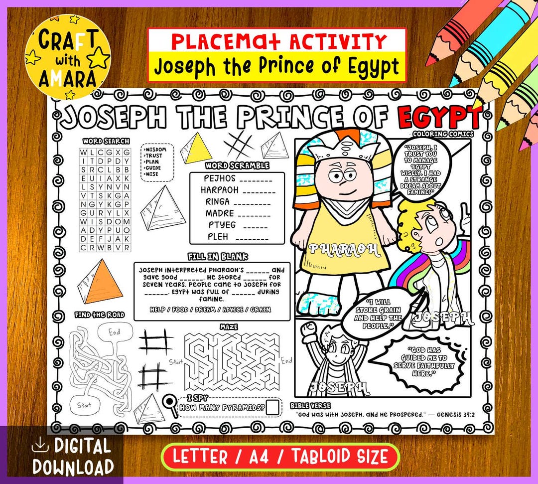 Joseph the Prince of Egypt Activity Placemat: Bible Story for Sunday ...