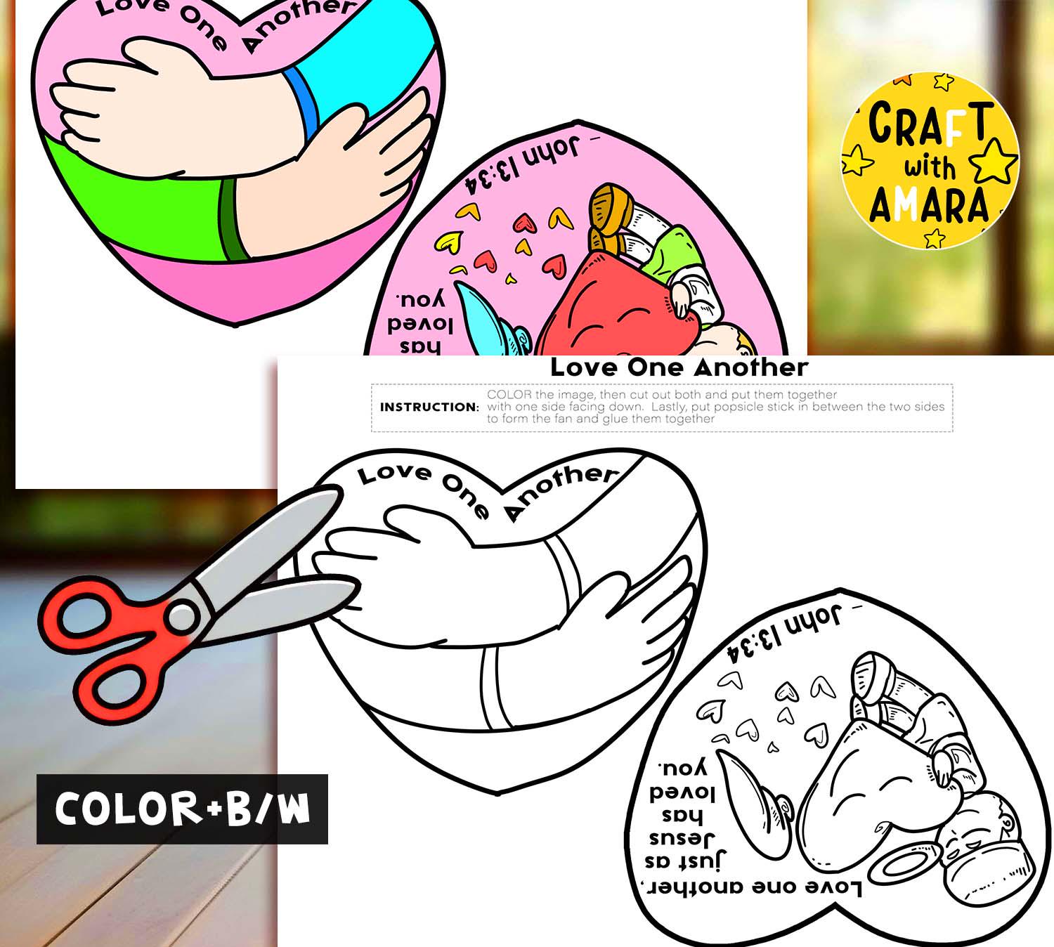 Love One Another Heart Fan Craft: Bible Sunday School Church Coloring ...