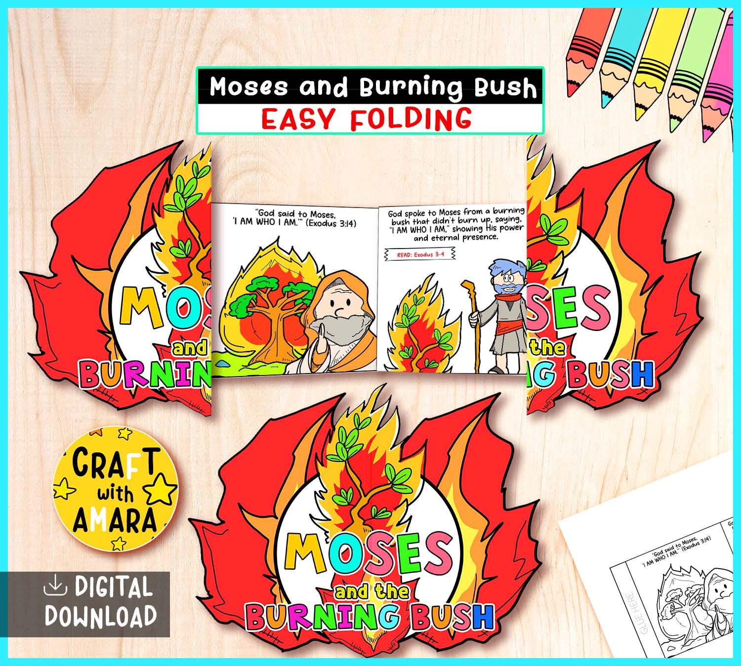Moses and Burning Bush Easy Coloring Folding Surprise Bible Craft ...