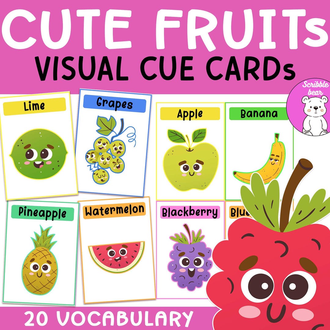 20 Cute Fruits Visual Cue Flashcards, Vocabulary Flash Cards Montessori ...