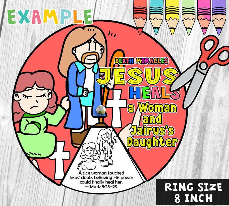 Jesus Heals a Woman and Jairus's Daughter Spinner Coloring Wheel Bible ...