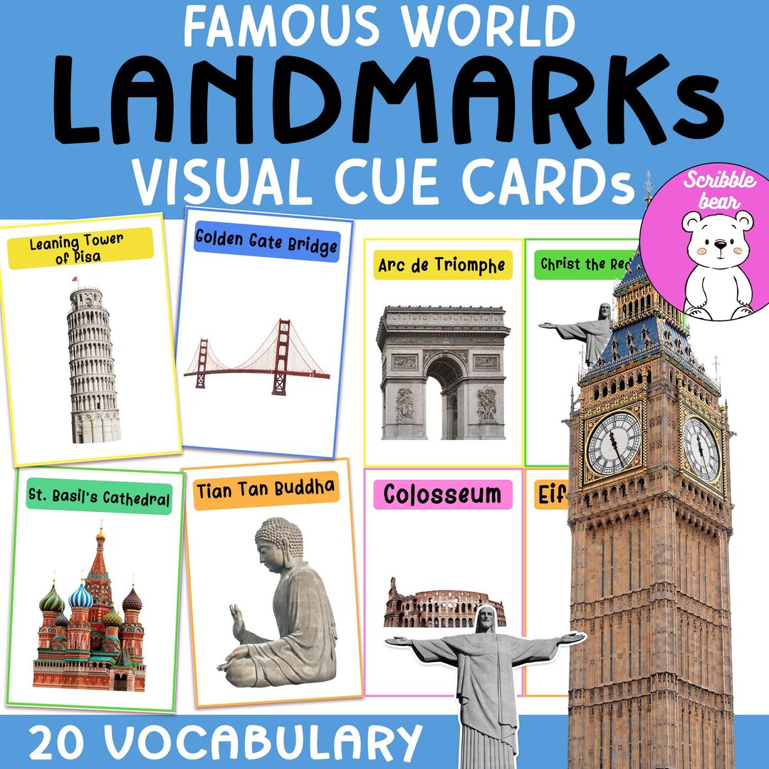 20 Famous World Landmarks Visual Cue Flashcards, Vocabulary Montessori ...