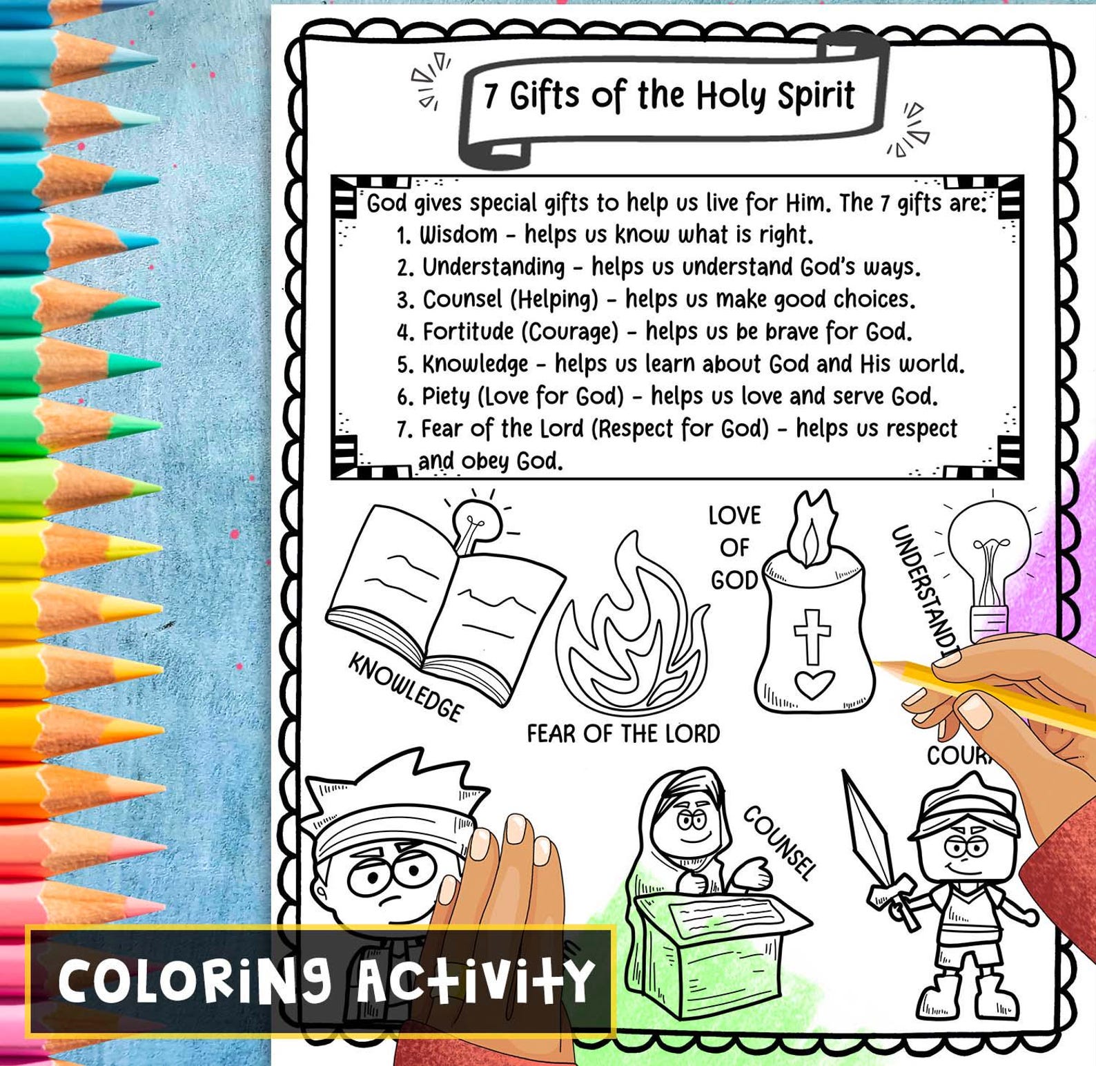 7 Gifts of the Holy Spirit Bible Lesson: Kid's Activity Worksheet Guide ...