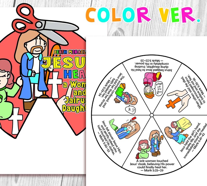 Jesus Heals a Woman and Jairus's Daughter Spinner Coloring Wheel Bible ...