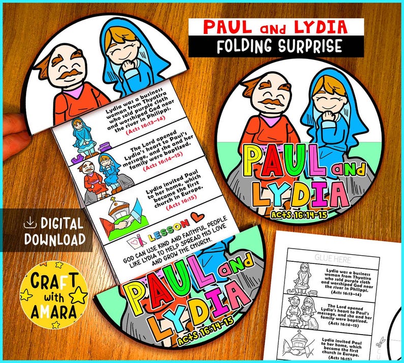 Paul and Lydia Folding Surprise Bible Craft, Bible Study Lesson Guide ...