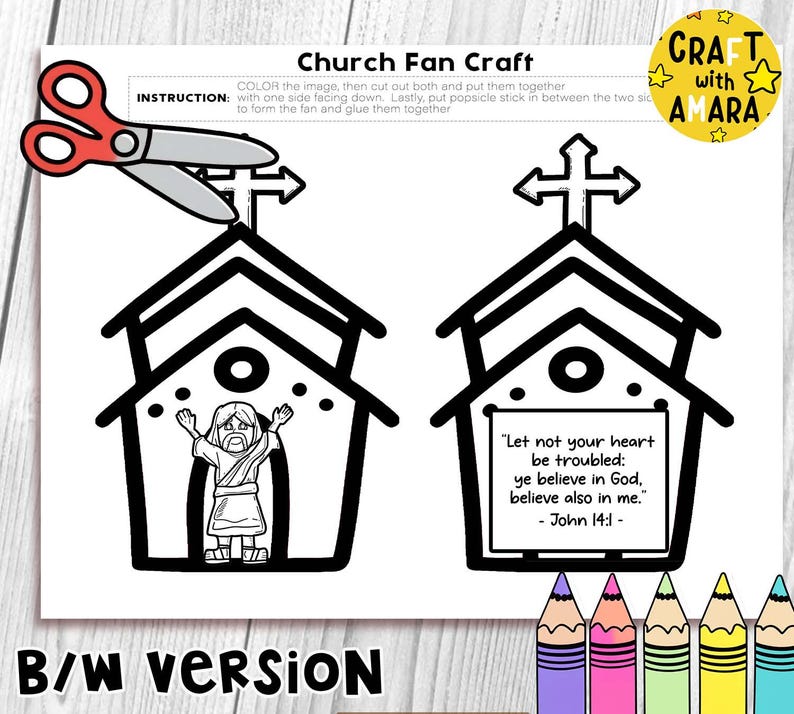 Church Fan Craft: Bible Sunday School Lesson Church Coloring Activity ...