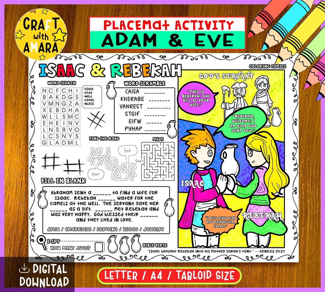 Isaac and Rebekah Activity Placemat: Bible Story for Sunday School ...