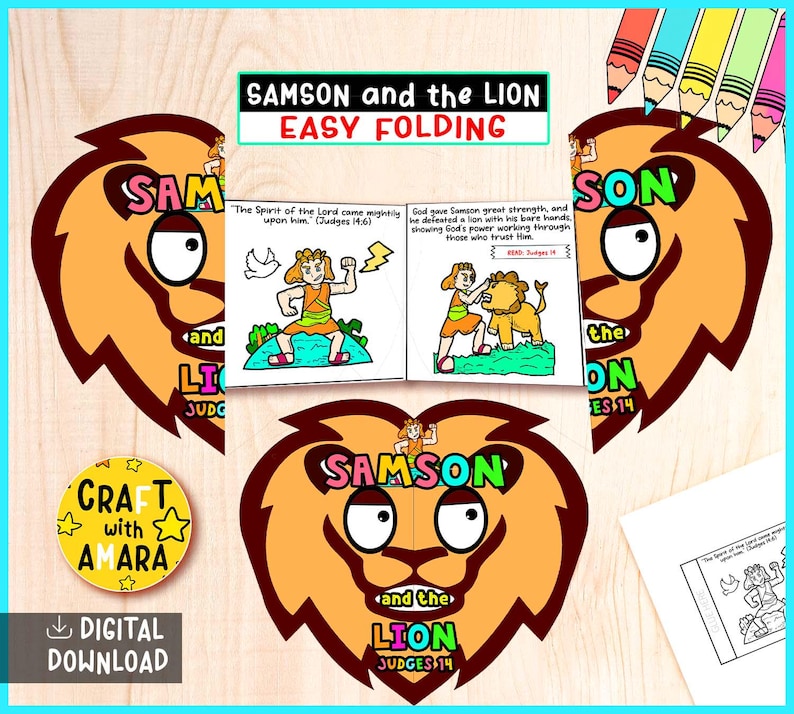 Samson and the Lion Easy Coloring Folding Surprise Bible Craft ...
