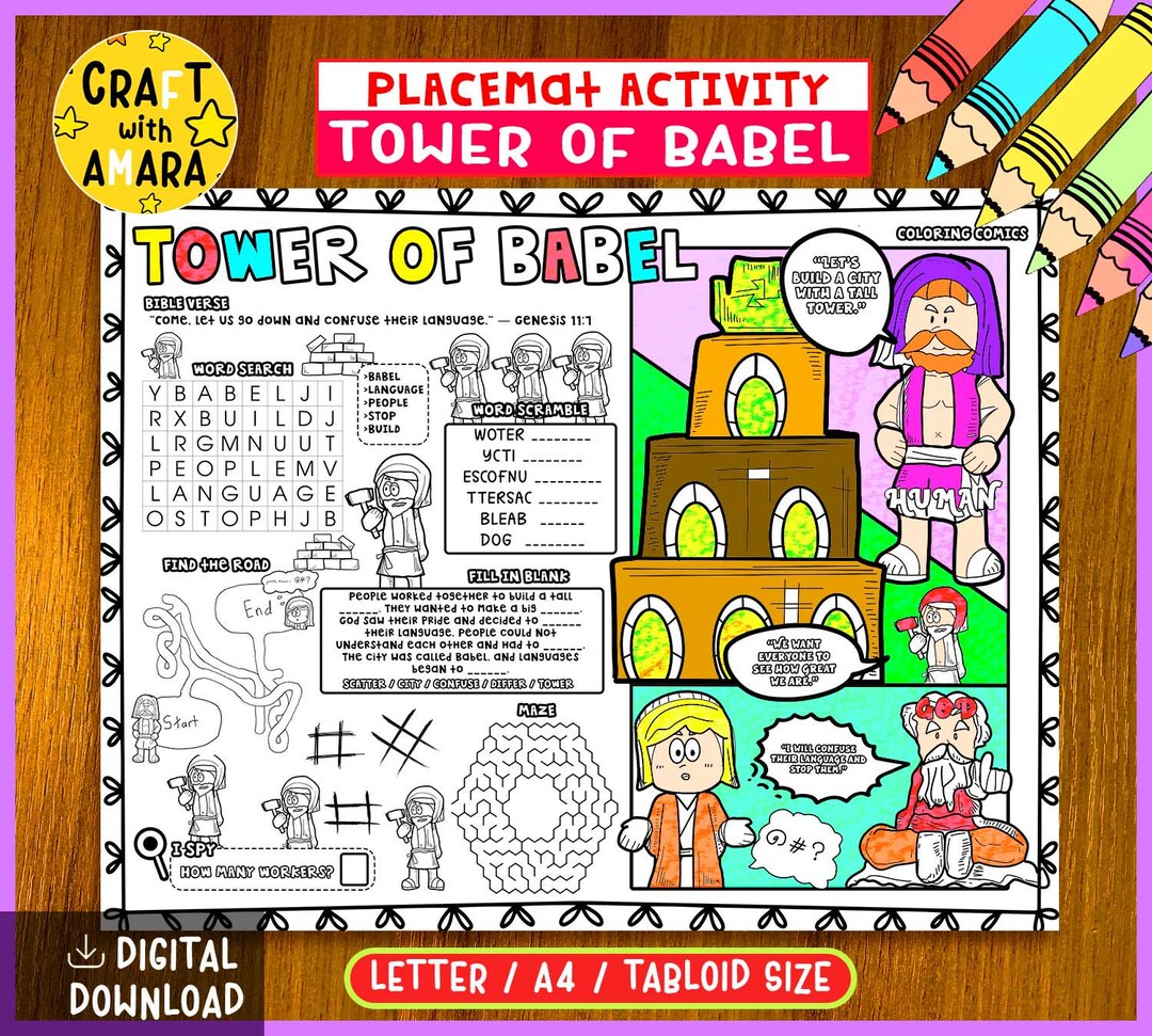 Tower of Babel Activity Placemat: Bible Story for Sunday School ...