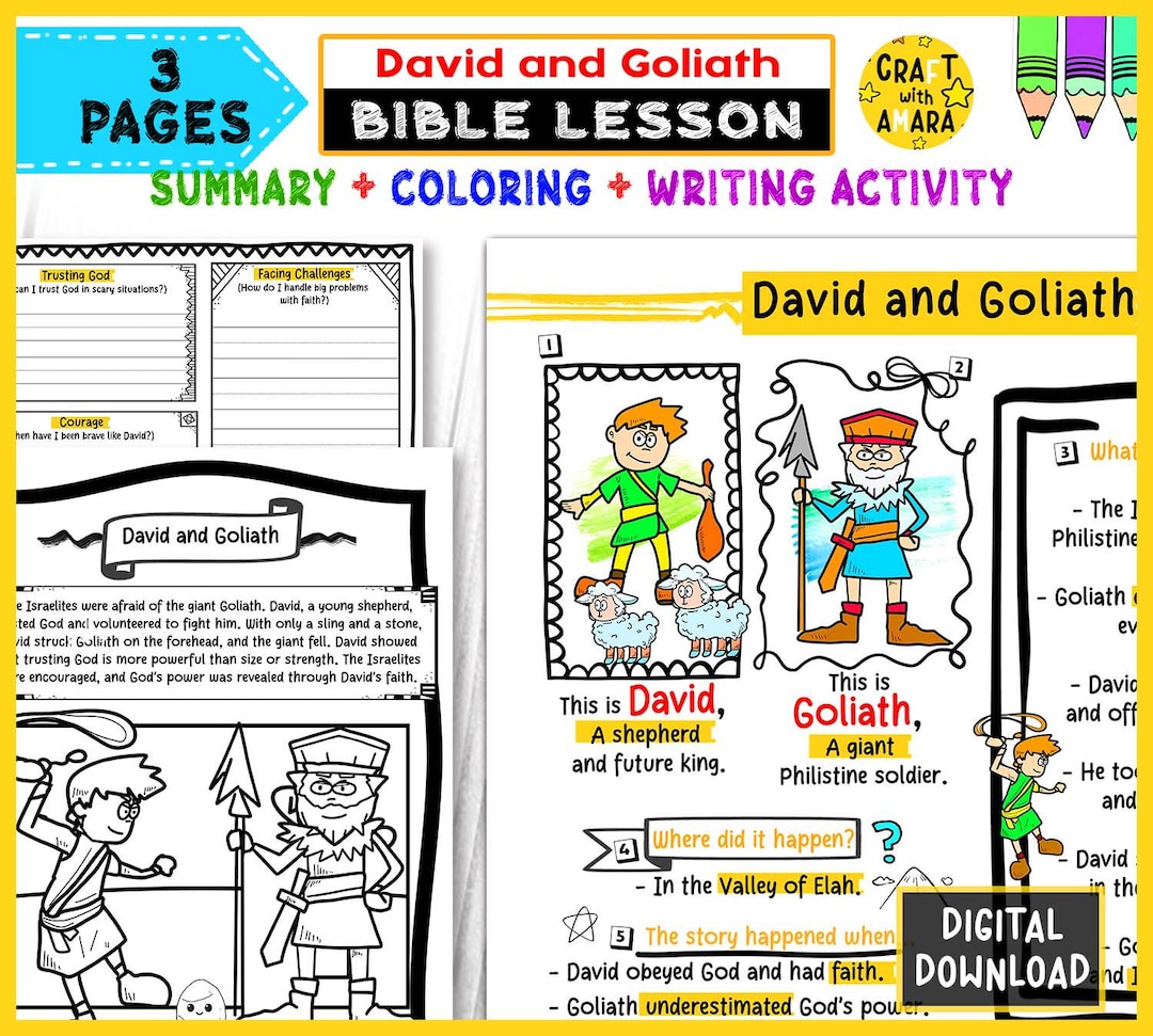 David and Goliath Bible Study: Kid's Activity Worksheet Guide, Coloring ...
