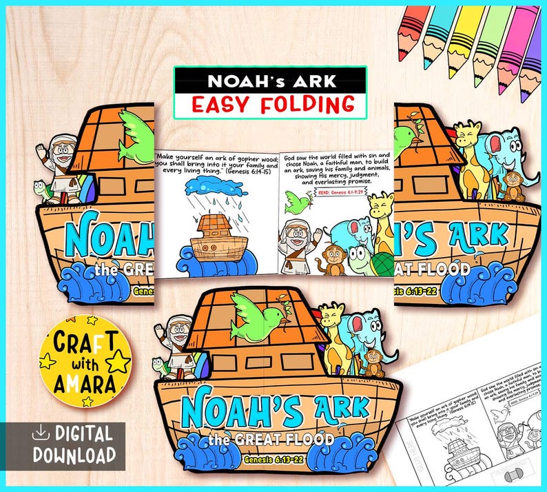 Noah's Ark - the Great Flood Easy Coloring Folding Surprise Bible Craft ...