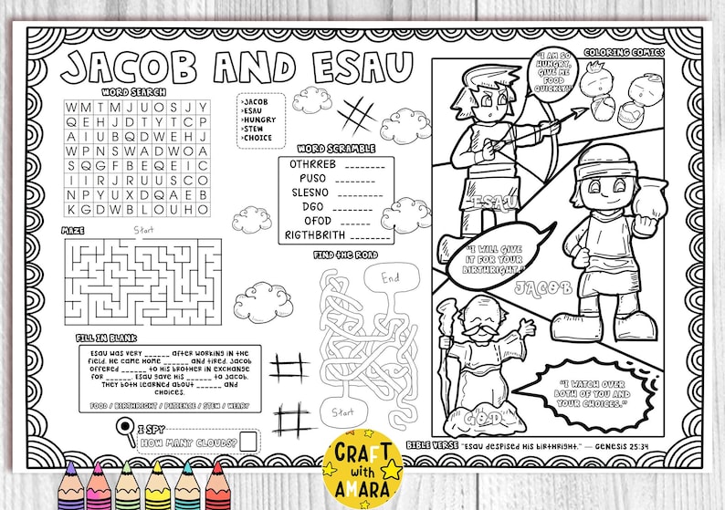 Jacob and Esau Activity Placemat: Bible Story for Sunday School ...