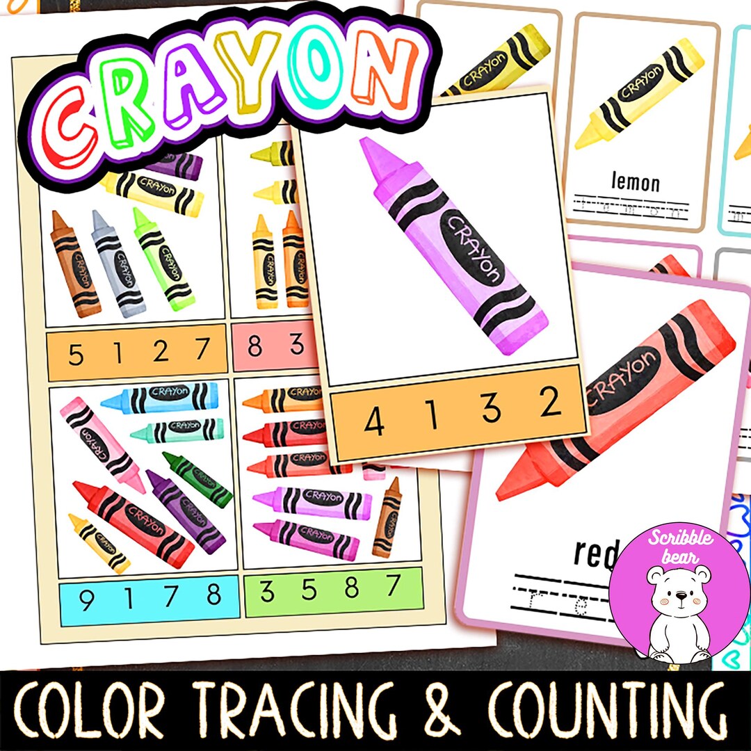 24 Crayon Color Flashcards With Tracing & Counting Game, Back to School ...