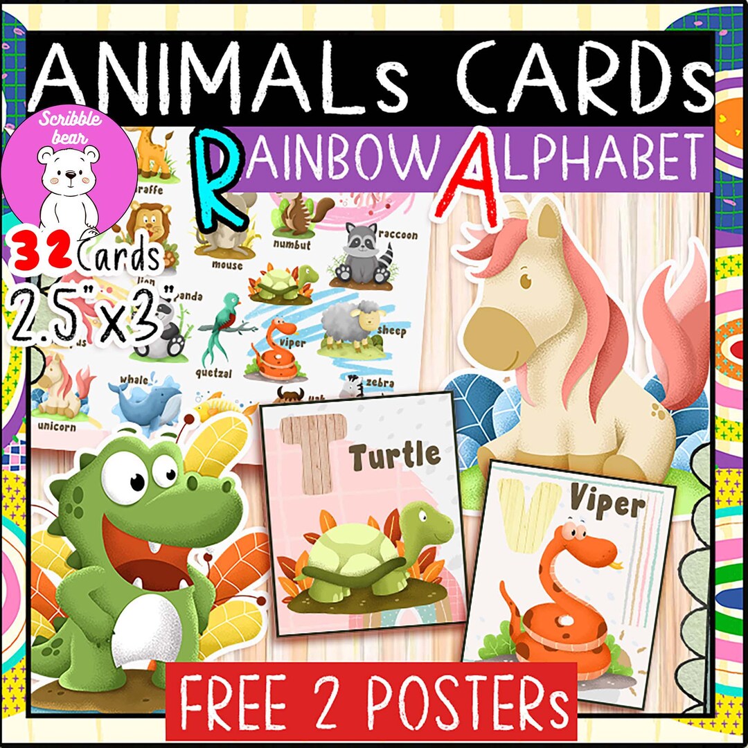 32 Rainbow Alphabet Baby Animals Flashcards, ABC Flash Cards, Kids ...