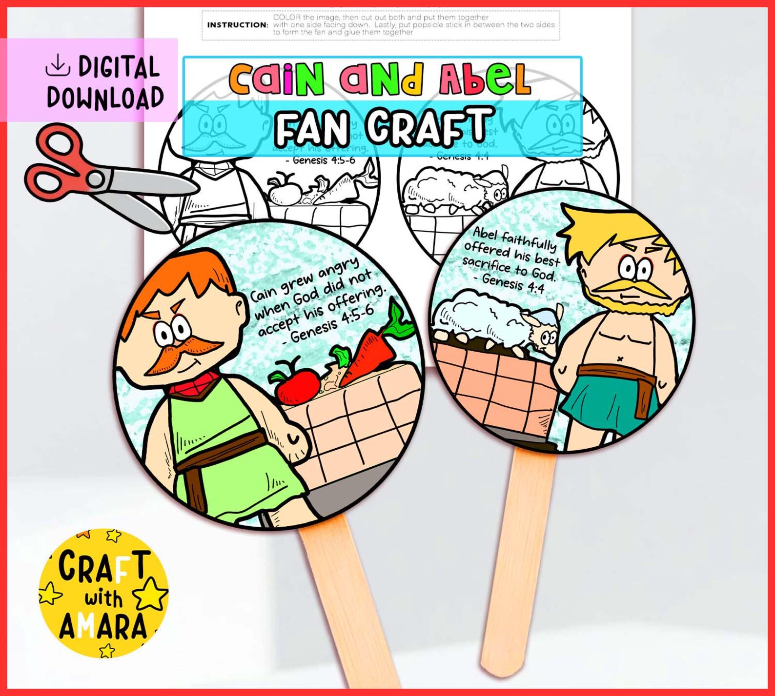 Cain and Abel Fan Craft: Bible Sunday School Lesson Church Coloring ...