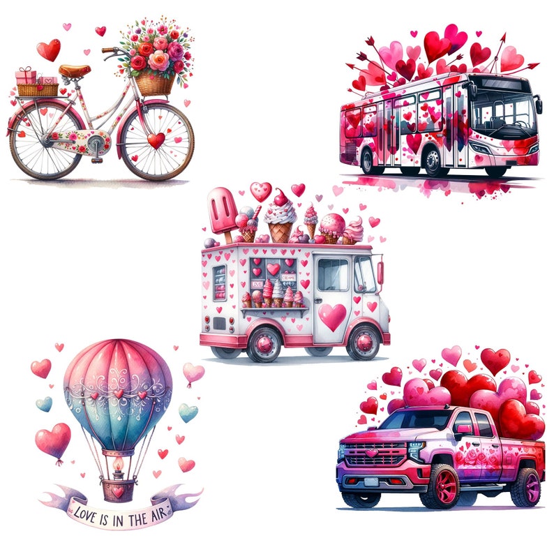 Valentine Vehicles Clip Art: Classic Car, Balloon, Bicycle (digital ...