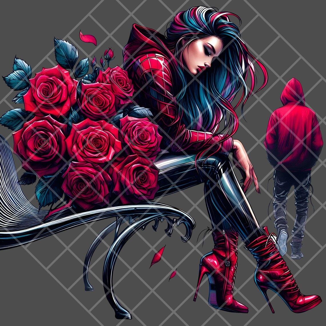 Bittersweet Roses Clip Art | 1 PNG File of a Woman Sitting With Bouquet ...