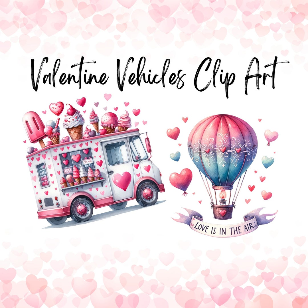 Valentine Vehicles Clip Art: Classic Car, Balloon, Bicycle (digital ...