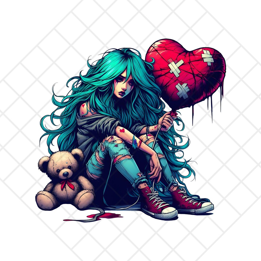 Emo Heartbreak Girl Clip Art | Girl With Bandaged Heart Balloon (PNG ...